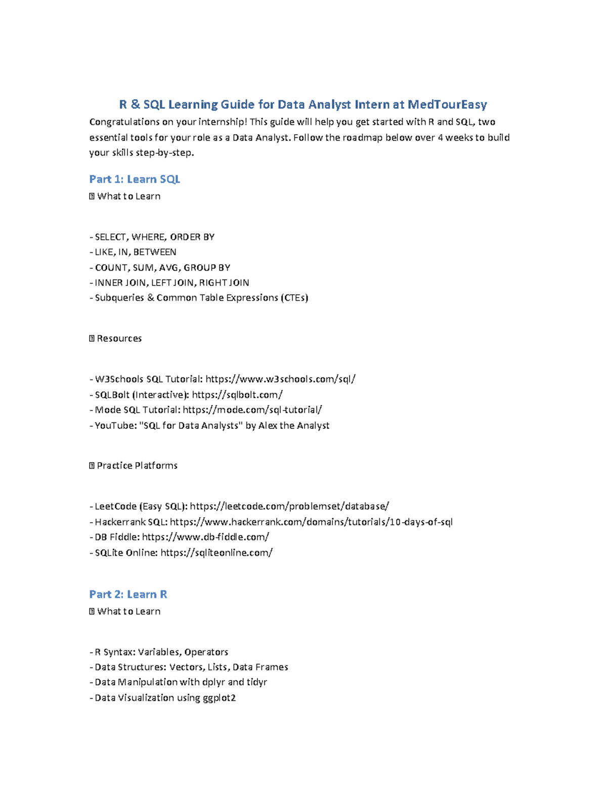R & SQL Learning Guide for Data Analyst Intern at MedTourEasy - Studocu