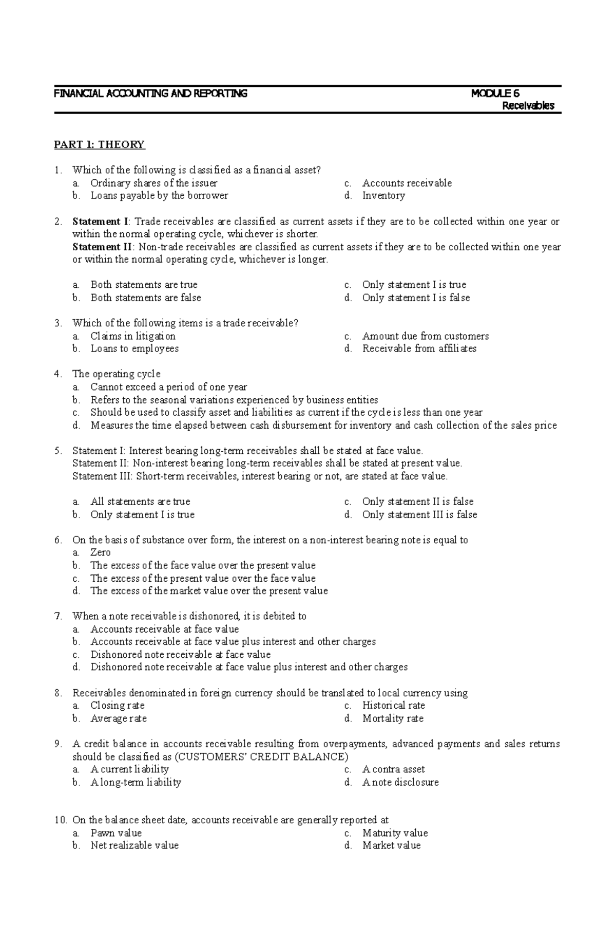 FAR Module 6 - Receivables - FINANCIAL ACCOUNTING AND REPORTING MODULE ...