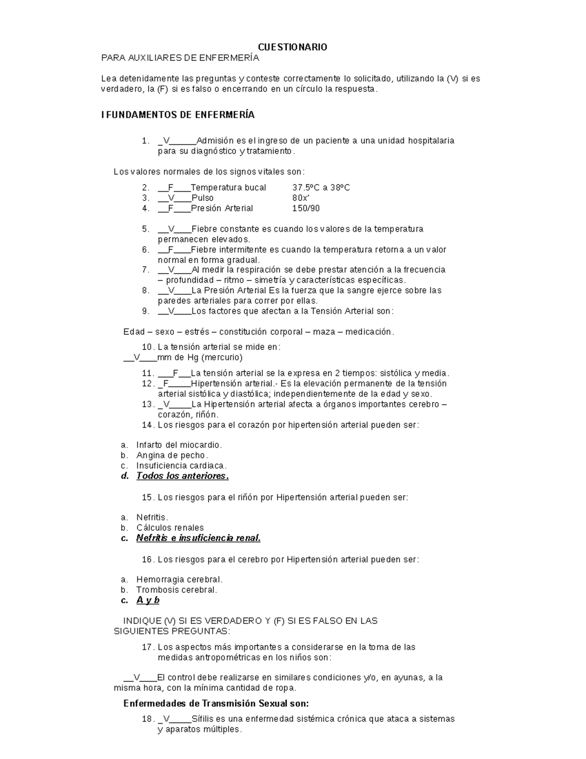 Banco de Preguntas para Auxiliares de Enfermería - CUESTIONARIO - Studocu