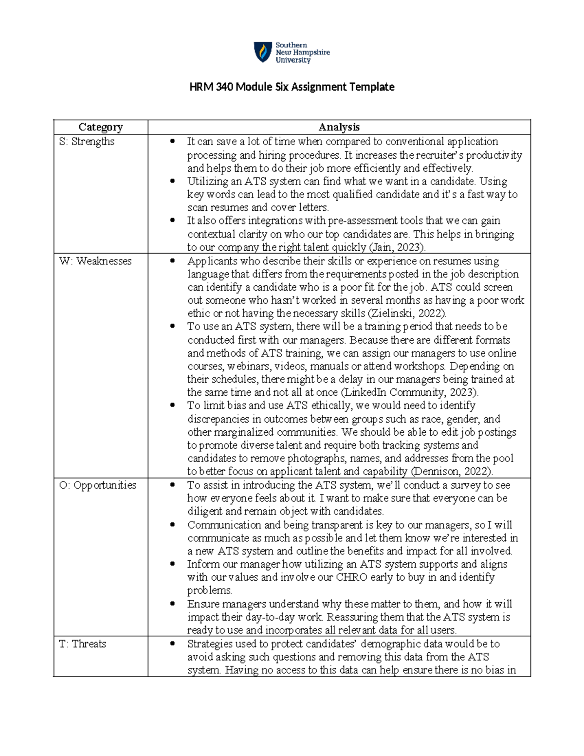 HRM 340 Module 6: SWOT Analysis of ATS Implementation - Studocu