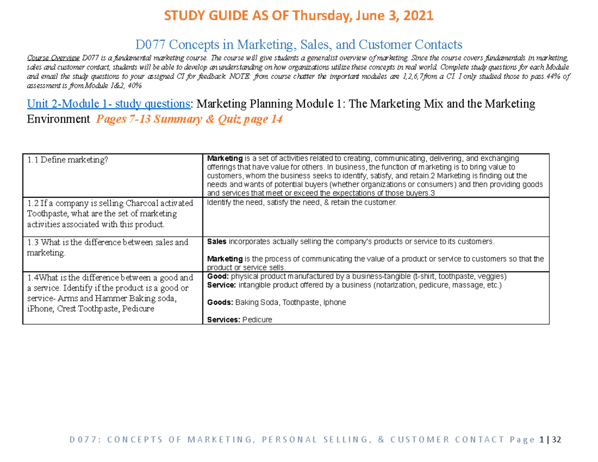 Study plan-D077 - D077 Concepts in Marketing, Sales, and Customer ...