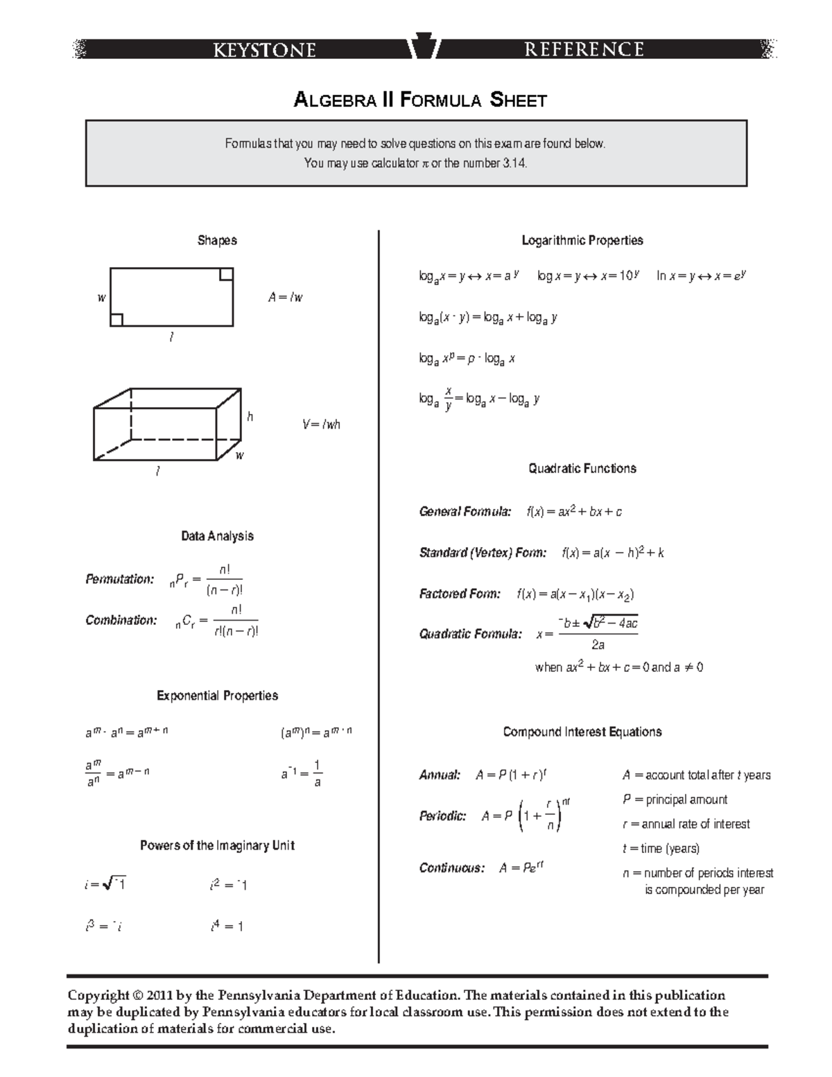 Algebra II Keystone Exam Formula Sheet - Essential Reference Guide ...