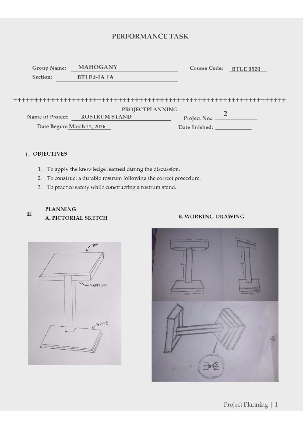 BTLE 0520 Project Planning: Rostrum Stand Performance Task - Studocu