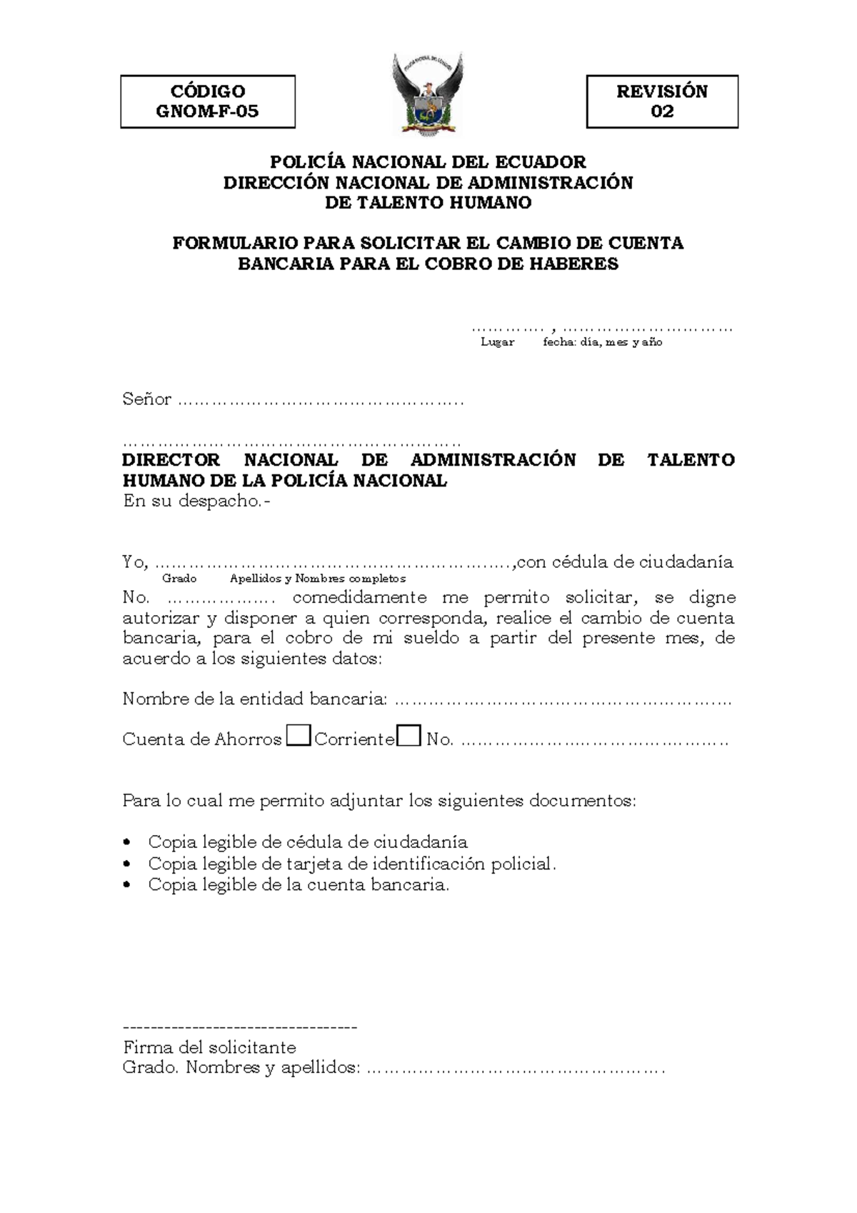 GNOM-F-05 Formulario Solicitud Cambio de Cuenta Sueldos - Studocu