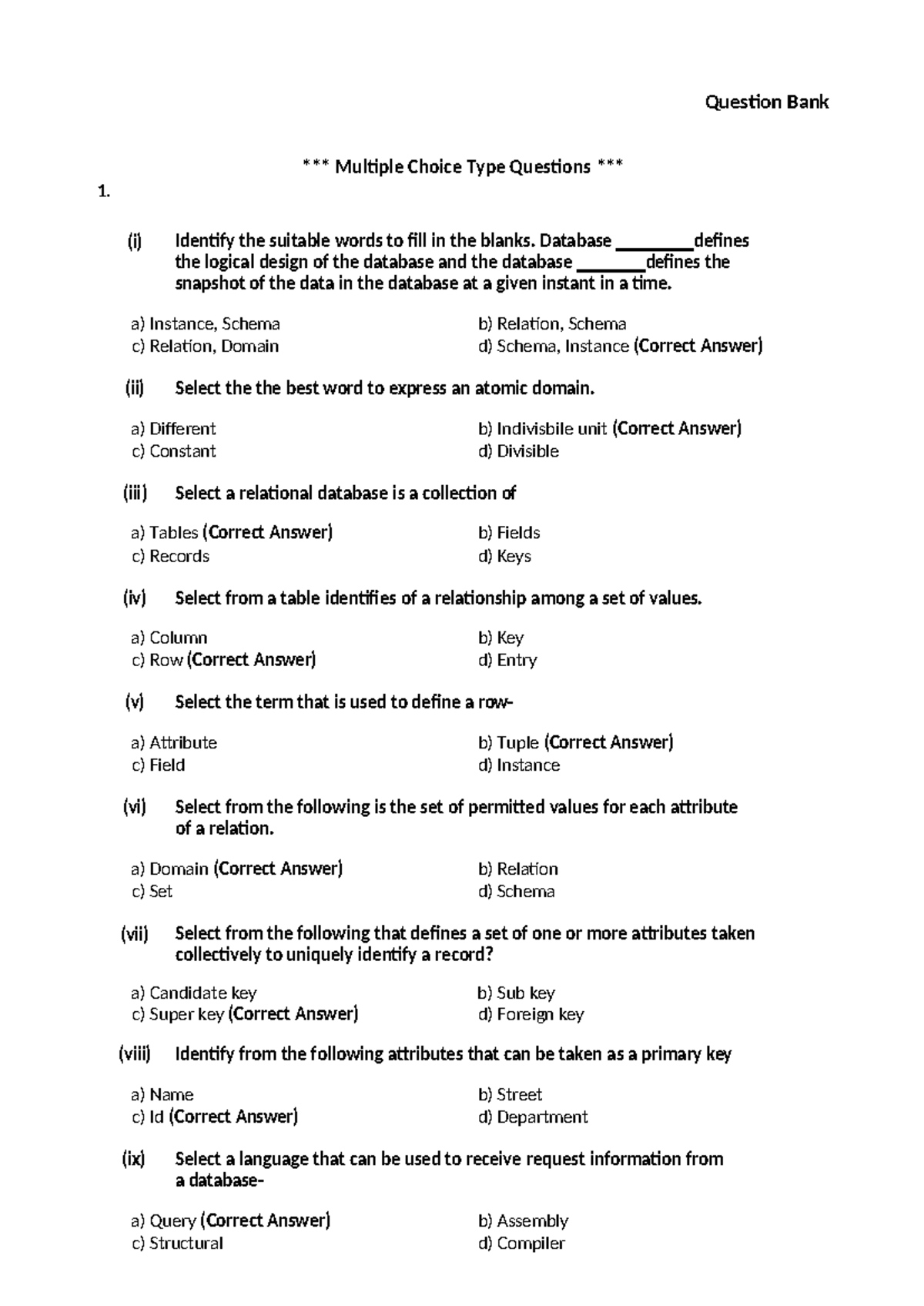 DBMS - SEMESTER INFO: Multiple Choice Question Bank - Studocu