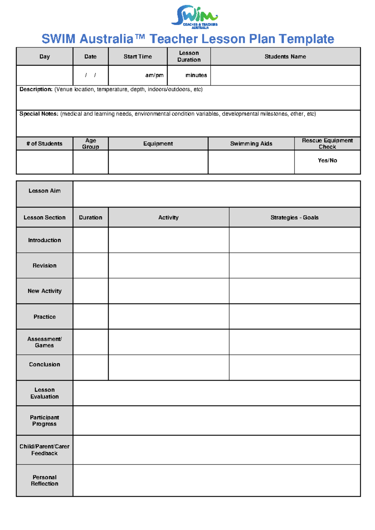 SWIM Lesson Plan Template - SWIM Australia™ Teacher Lesson Plan ...