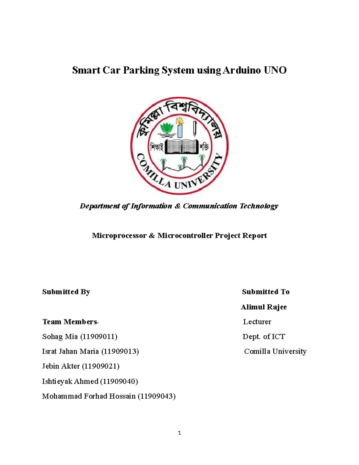 Smart Car Parking System Using Arduino UNO - Project Report - Studocu