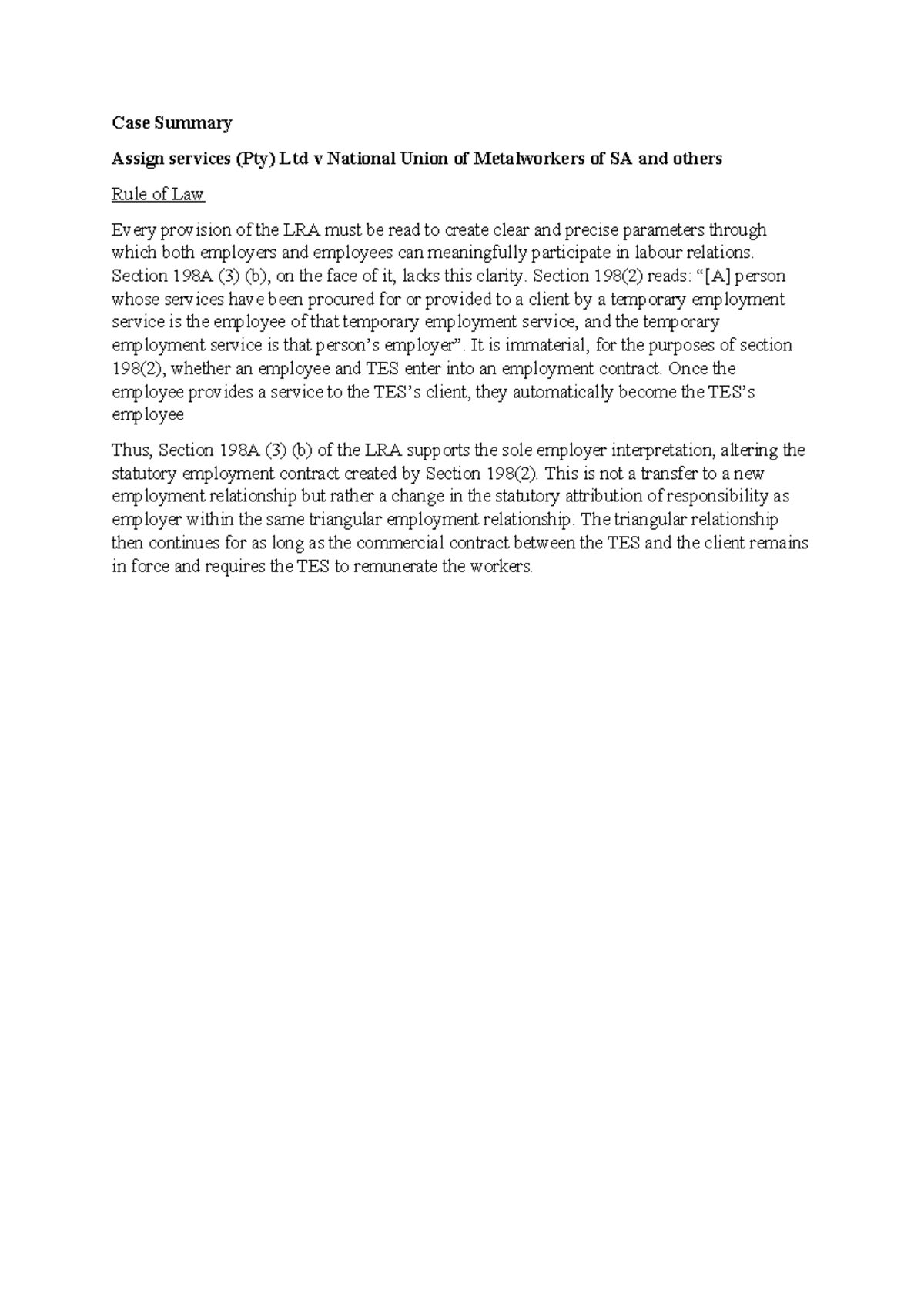 Case Summary - advanced labour - Case Summary Assign services (Pty) Ltd ...