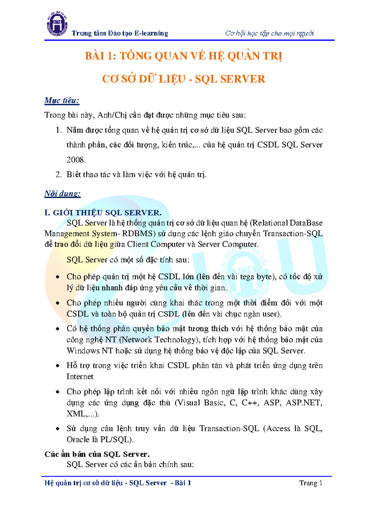 IT10 - TỔNG QUAN VỀ HỆ QUẢN TRỊ CƠ SỞ DỮ LIỆU SQL SERVER - Studocu