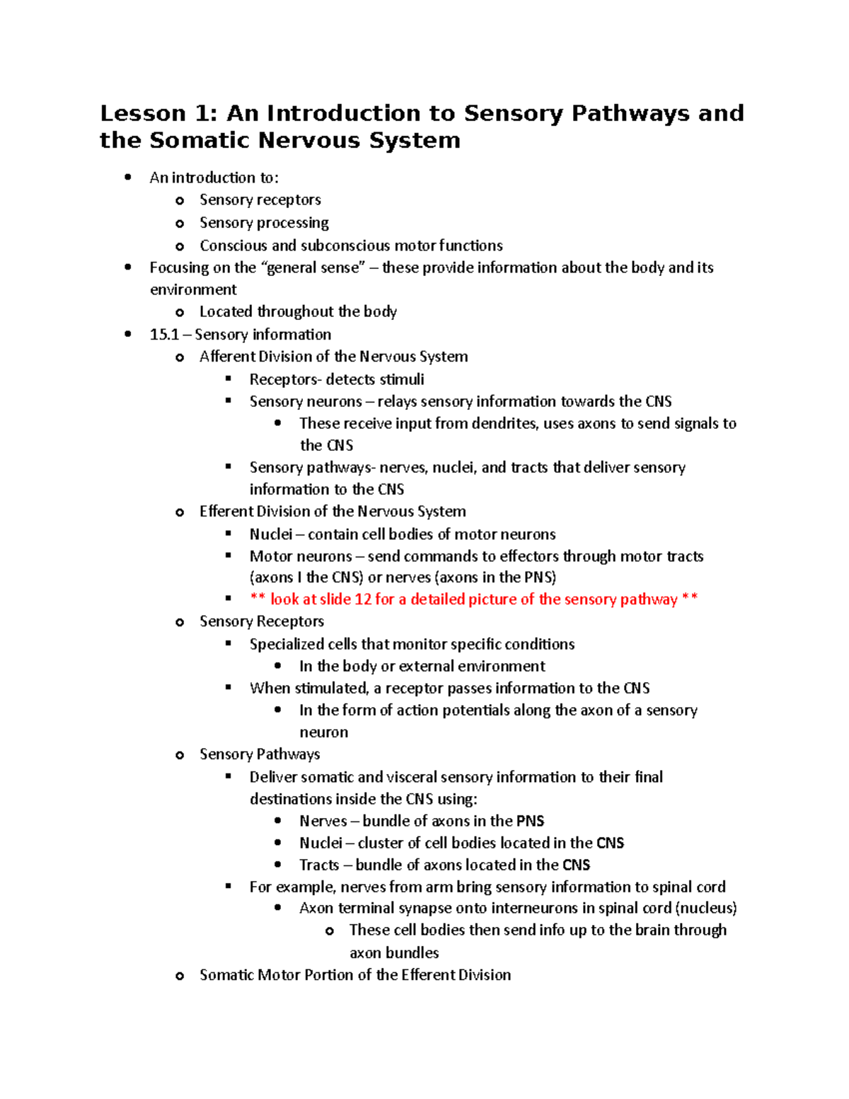 Notes-Lesson 1 - Introduction to Sensory Pathways & Somatic System ...