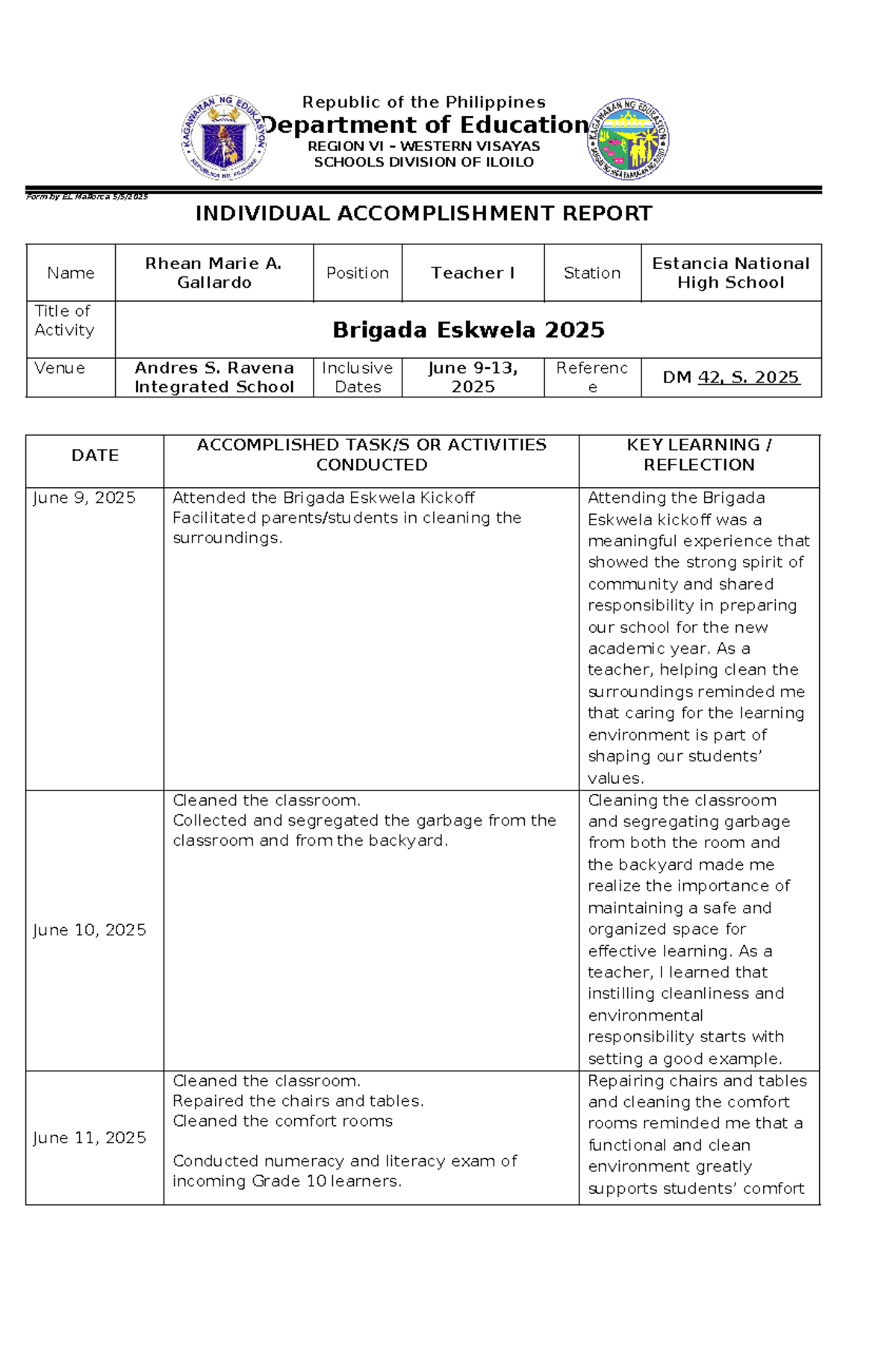 Brigada Eskwela 2025-26 Individual Accomplishment Report - Studocu