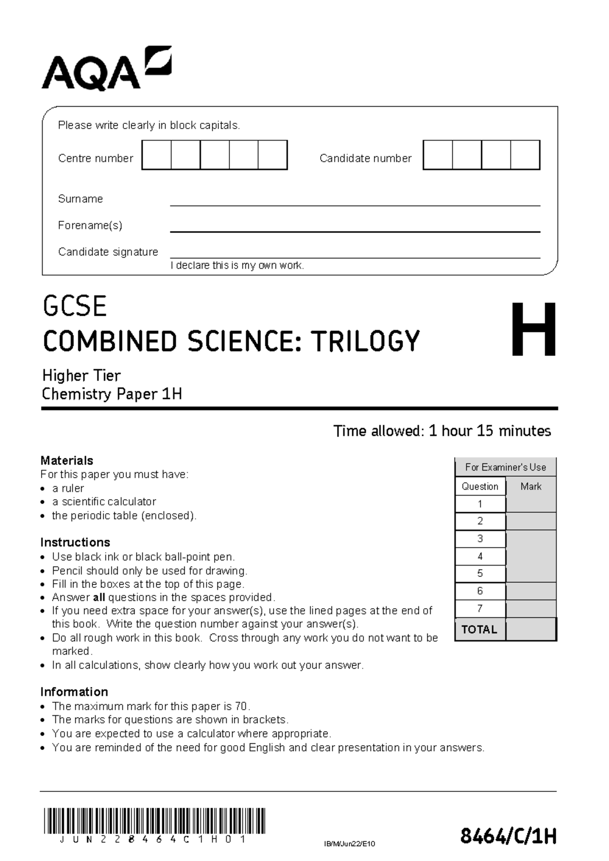 AQA 8464C1H Higher Tier Chemistry Paper 1H - June 2022 Exam - Studocu