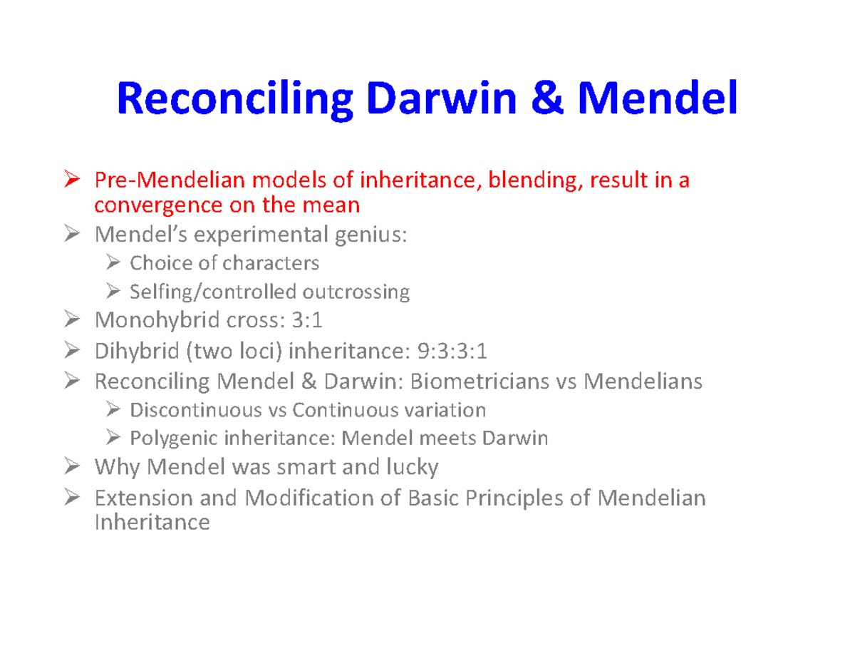 Final Exam Study Guide: Reconciling Darwin & Mendel Inheritance Models ...