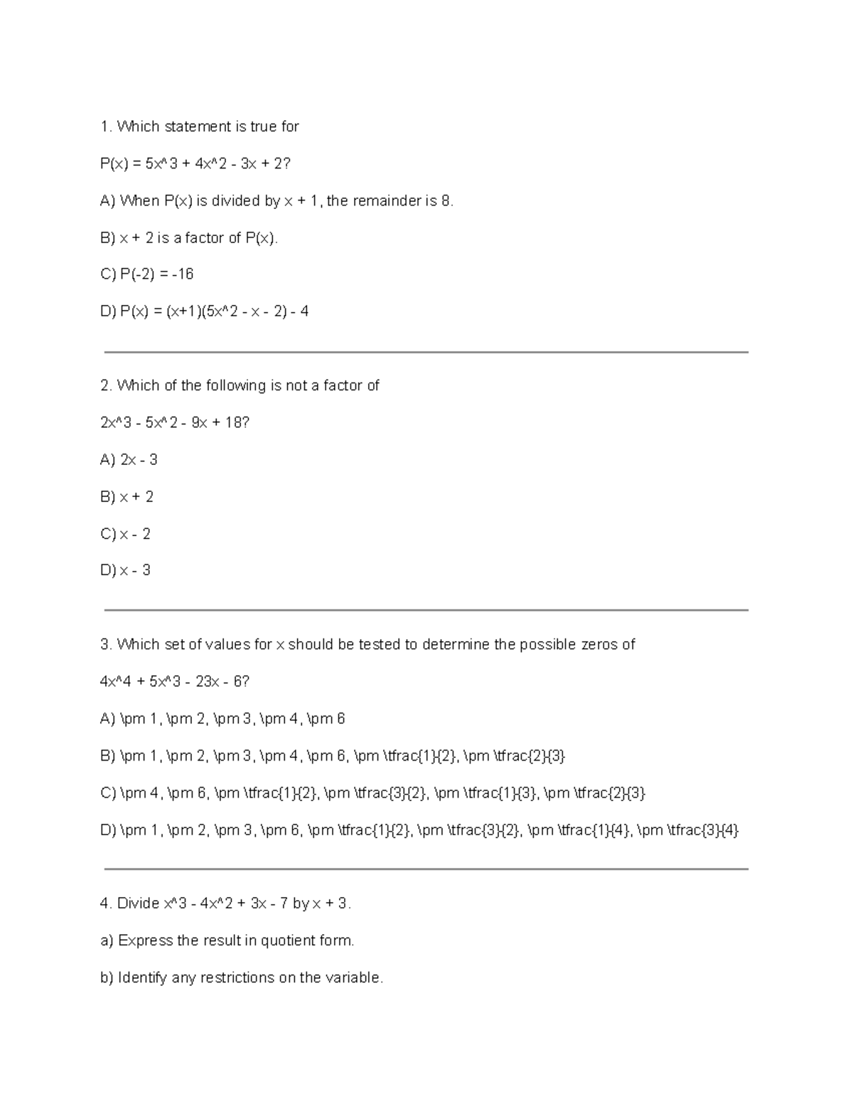 Math Review - Unit 1: Polynomial Functions & Factoring Concepts - Studocu