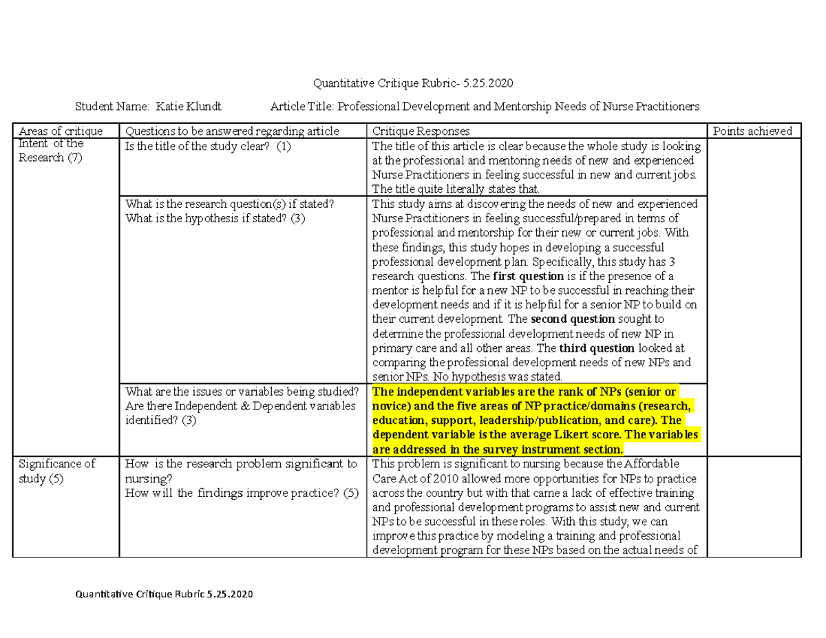 Quantitative Critique Rubric - Student Name: Katie Klundt Article Title ...