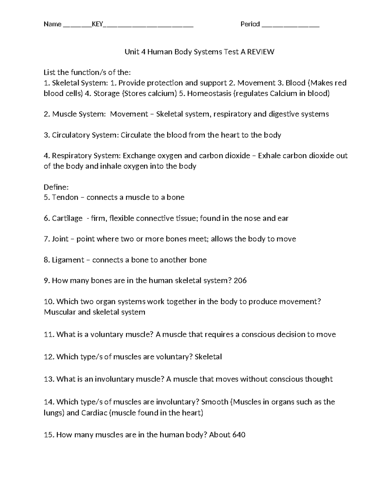 Unit 4 Human Body Systems Test A Review KEY & Answers - Studocu