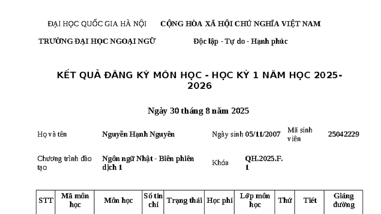 Kết Quả Đăng Ký Môn Học Học Kỳ 1 Năm Học 2025-2026 - Studocu