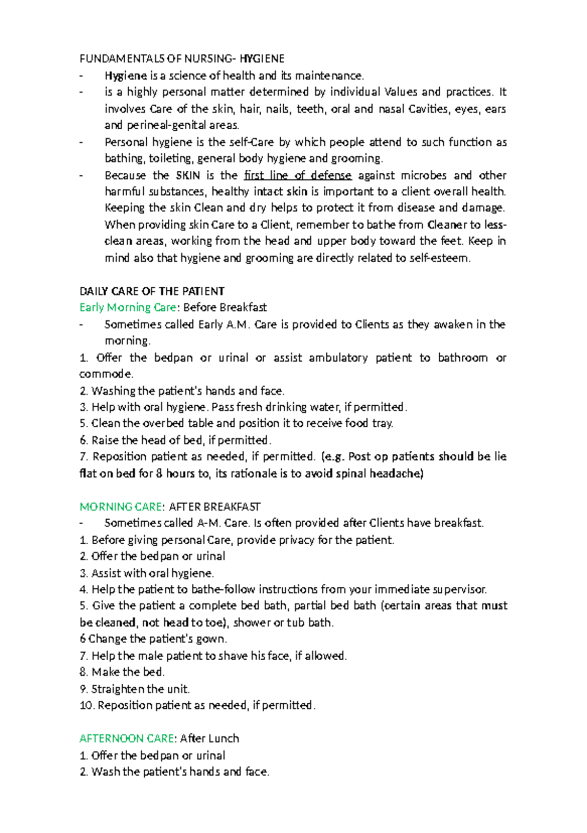 Fundamentals of Nursing: Hygiene Practices and Patient Care (NUR101 ...