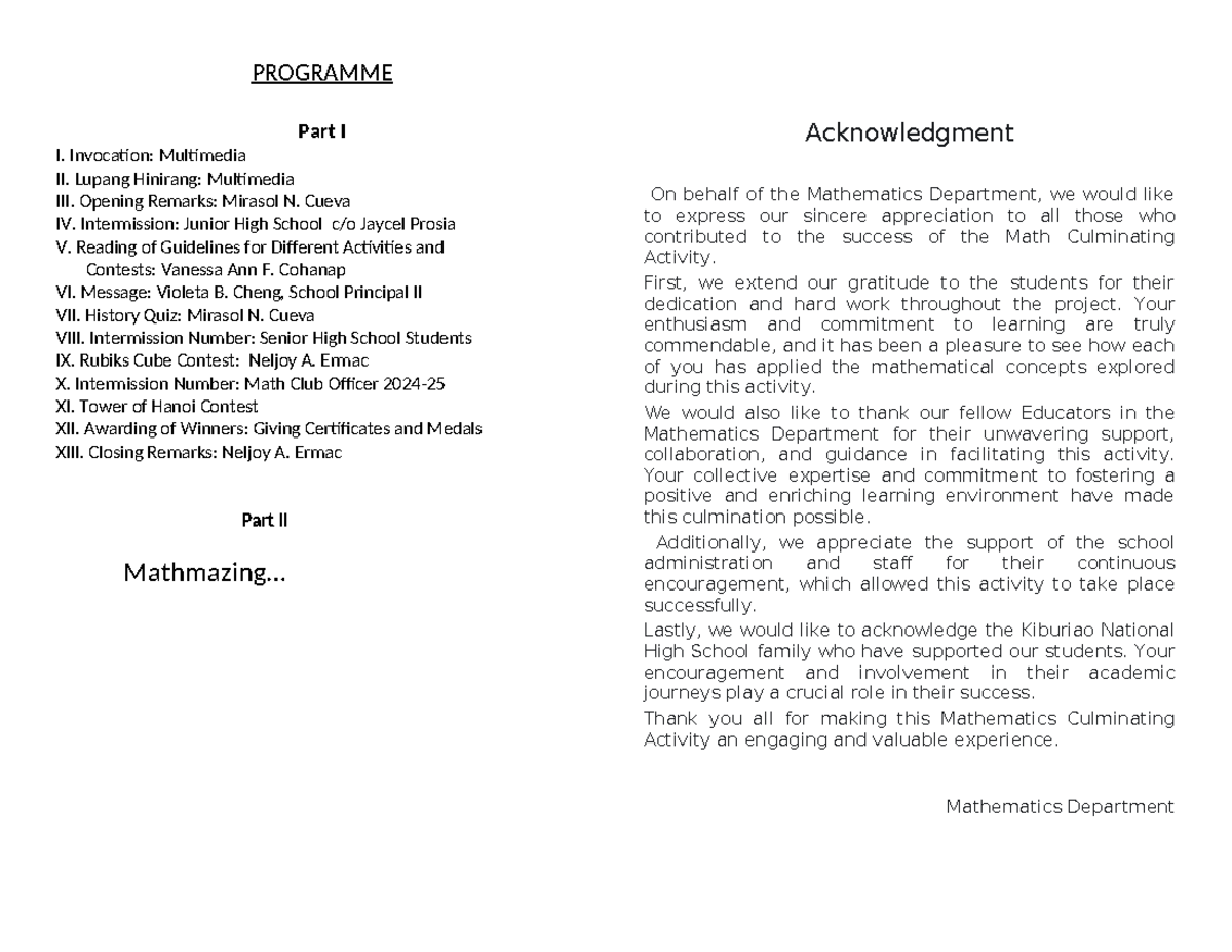 Math Culminating Activity Programme - Kiburiao National High School ...