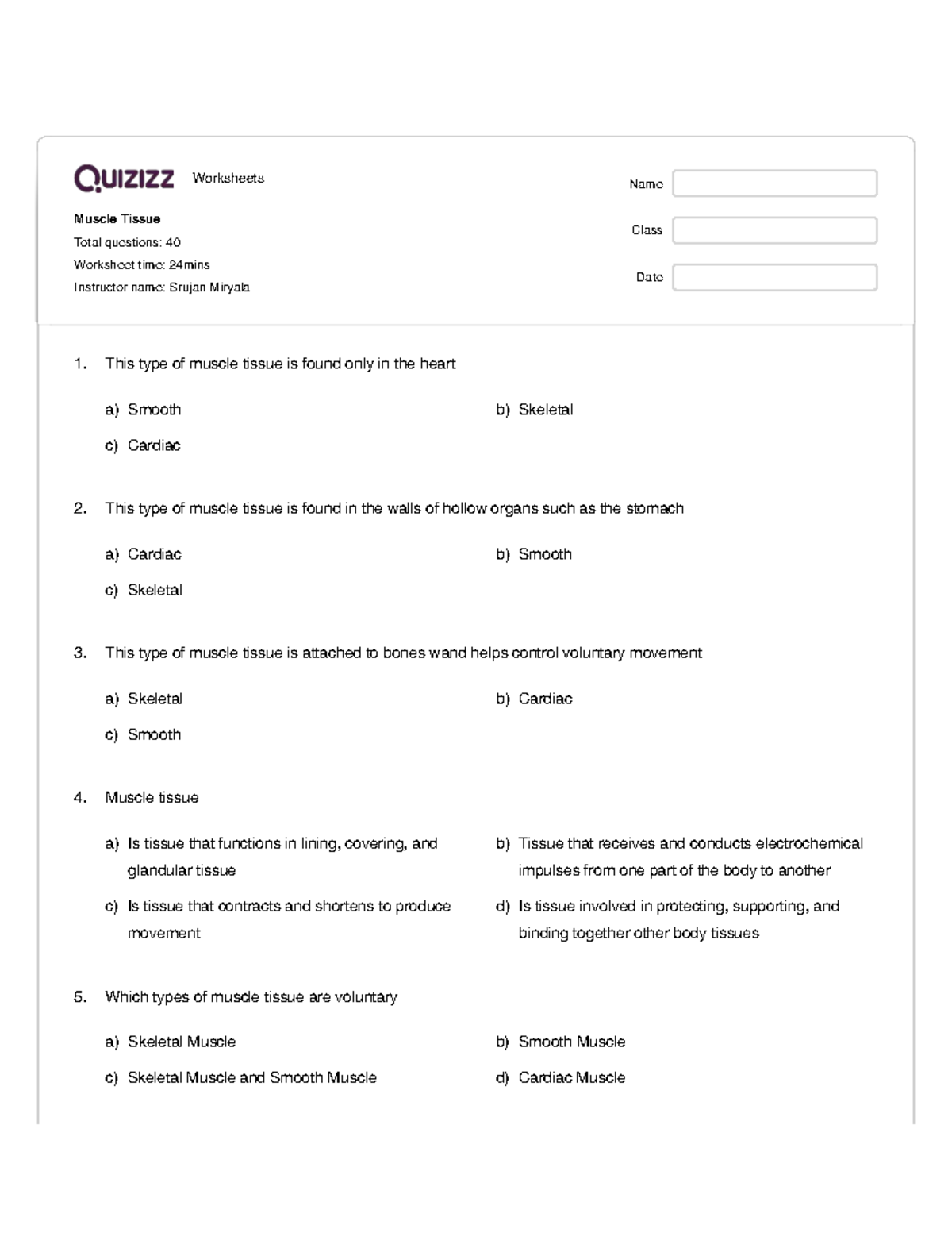 Muscle Tissue Worksheet (Class: Muscles) - Quiz & Answer Key - Studocu