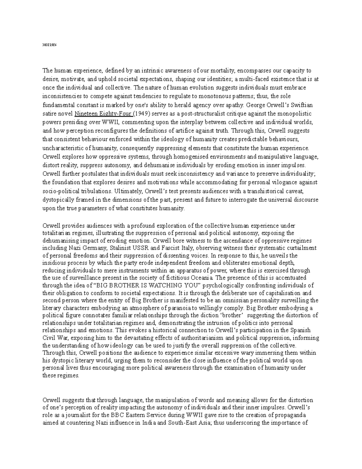 1984 Essay Analysis: Exploring Humanity Under Totalitarianism (19/20 ...