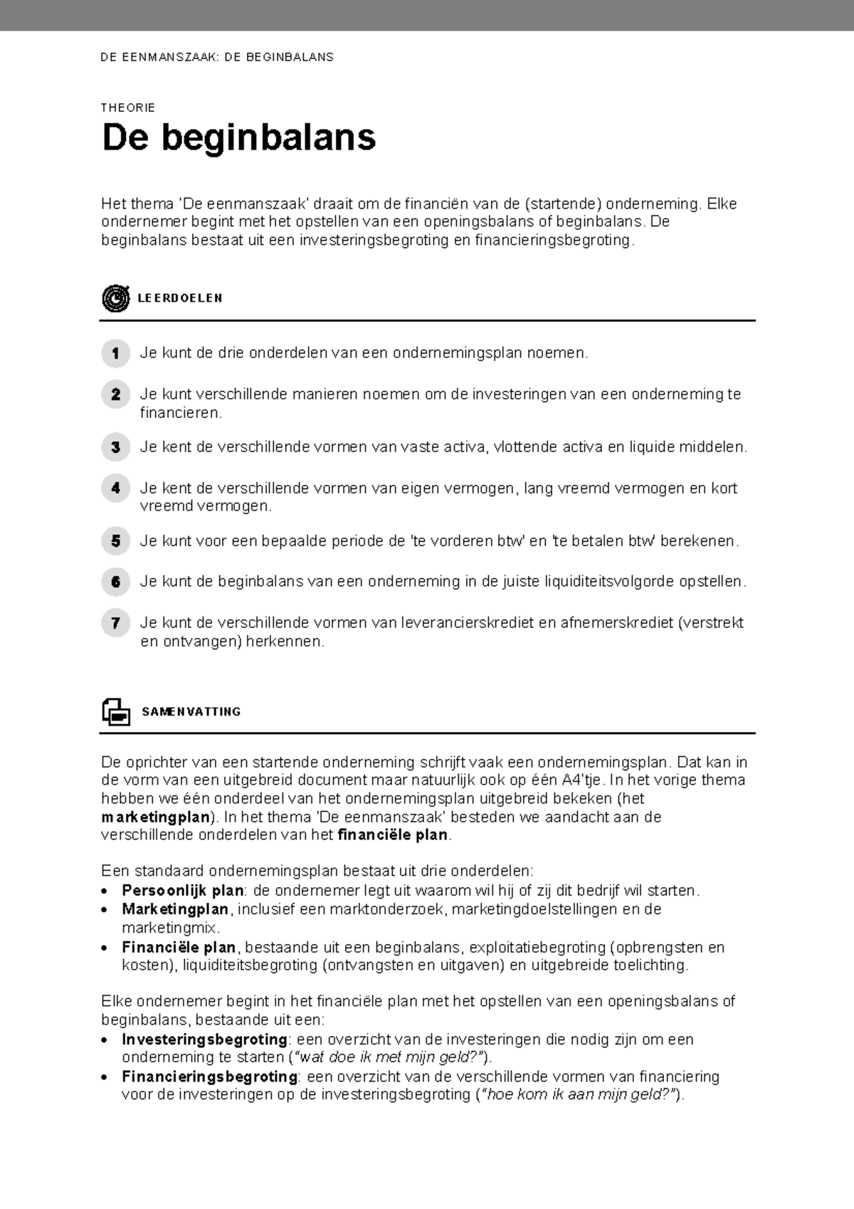 C Theorie T10163 O01S01: De Beginbalans van een Eenmanszaak - Studeersnel