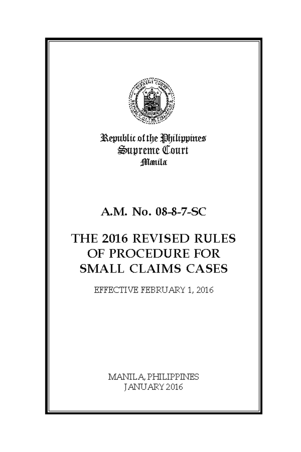 2016 Revised Small Claims Rules Procedure (A.M. No. 08-8-7-SC) - Studocu
