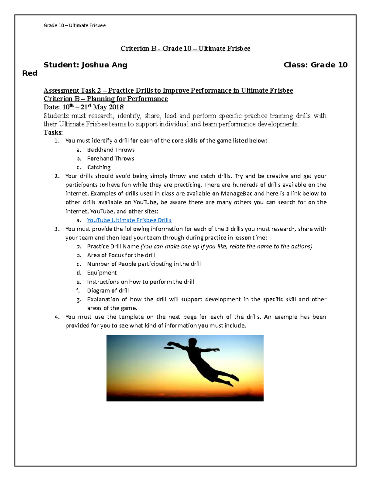 Grade 10 Ultimate Frisbee Assessment Task 2: Performance Drills Guide ...