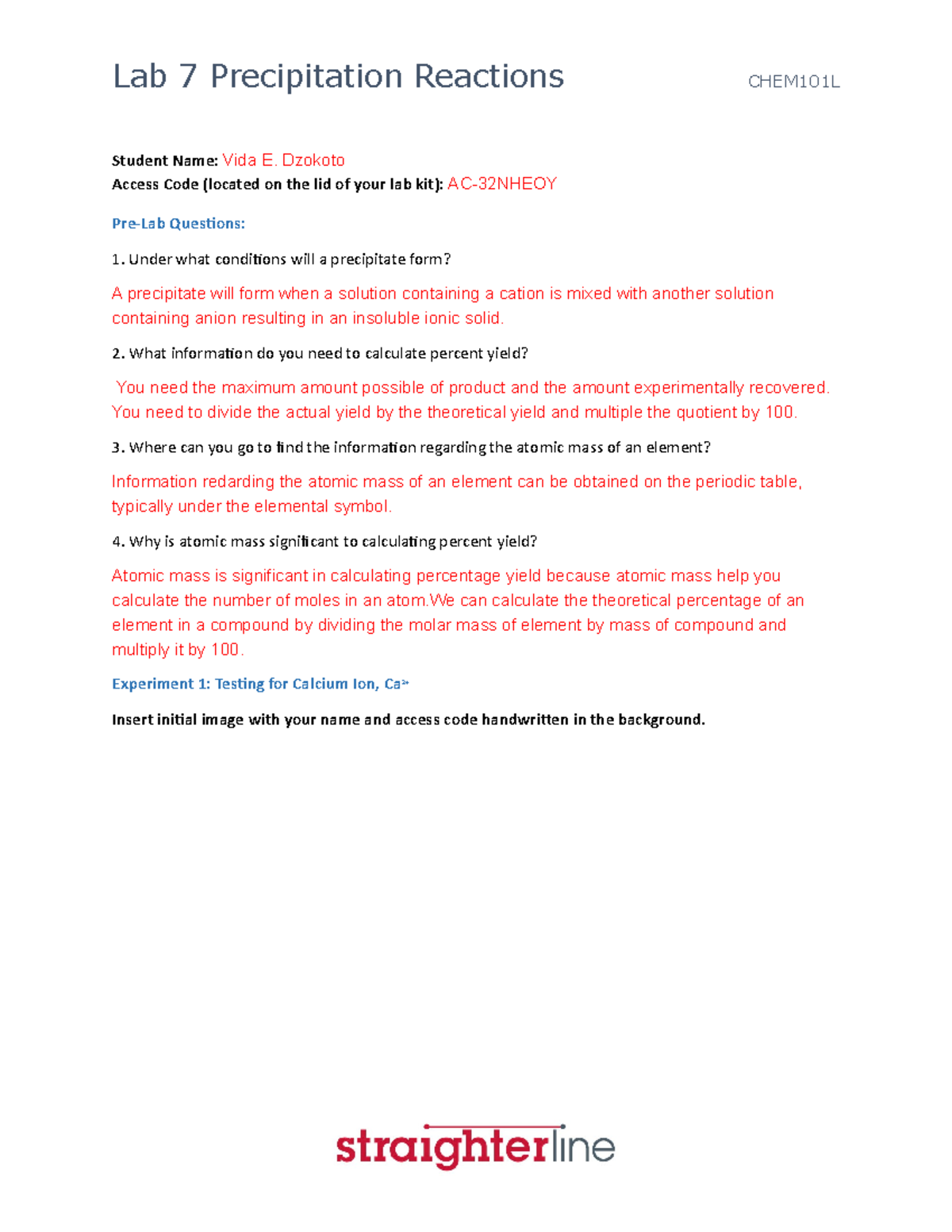 CHEM101L Lab 7 - lab assignment - Lab 7 Precipitation Reactions ...