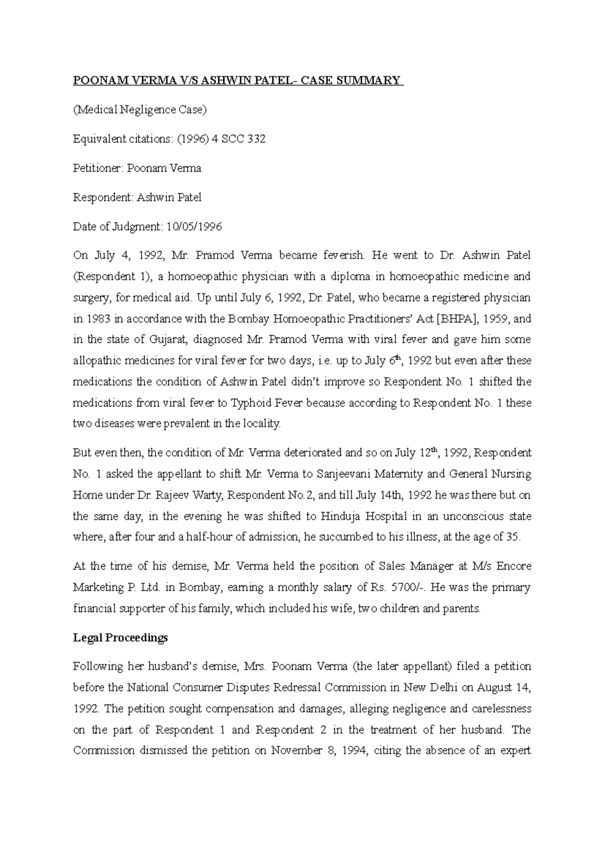 POONAM VERMA V. ASHWIN PATEL: MEDICAL NEGLIGENCE CASE SUMMARY - Studocu