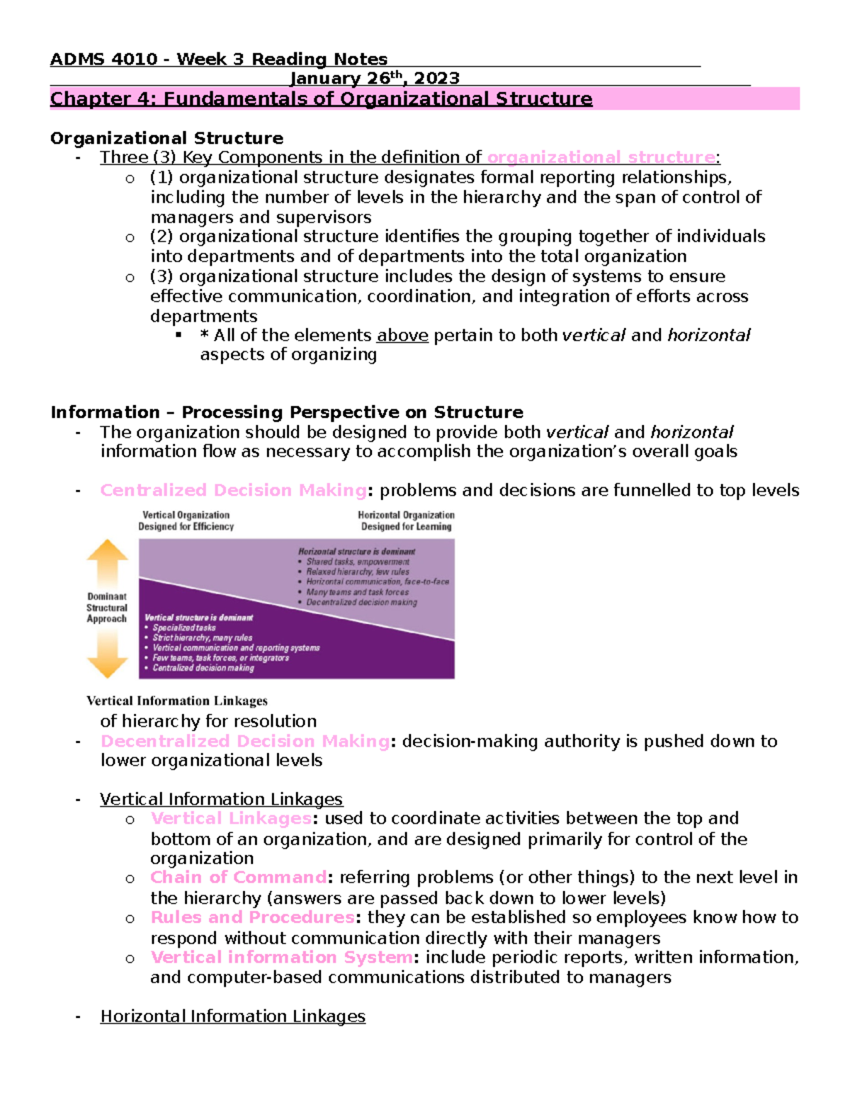 ADMS 4010 - Week 3 Notes on Organizational Structure Fundamentals - Studocu