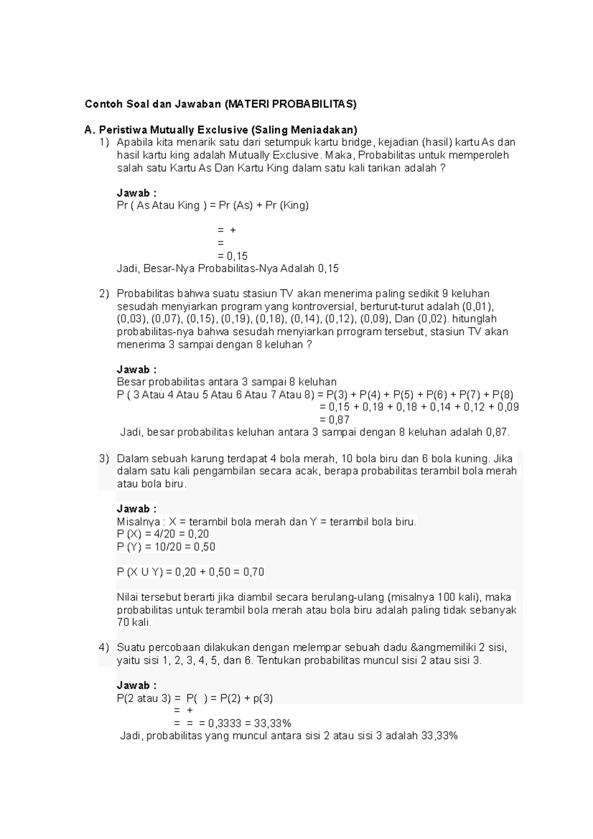 Contoh Soal dan Jawaban Probabilitas (MATERI PROBABILITAS) - Studocu