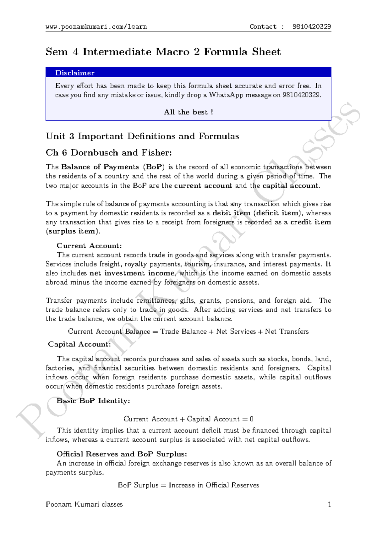 Sem 4 Macro 2 Important Formulas and Definitions Sheet - Studocu
