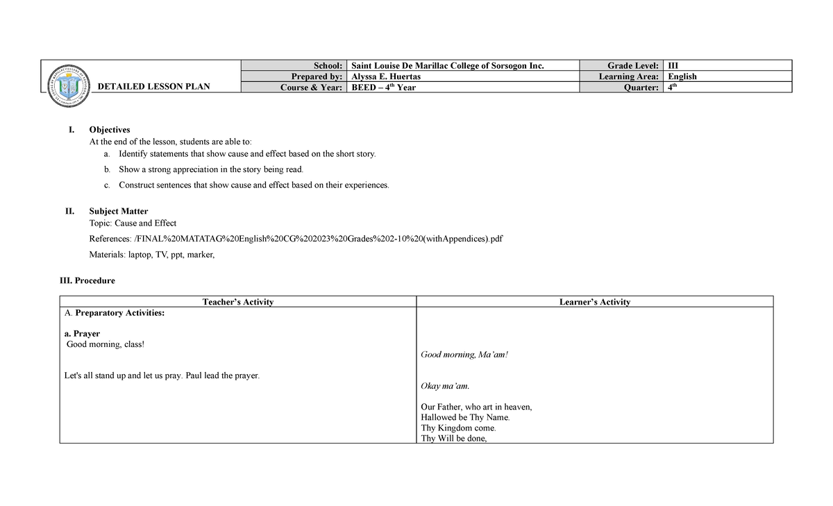 Detailed- Lesson-PLAN IN Profed 12 - DETAILED LESSON PLAN School: Saint Louise De Marillac ...