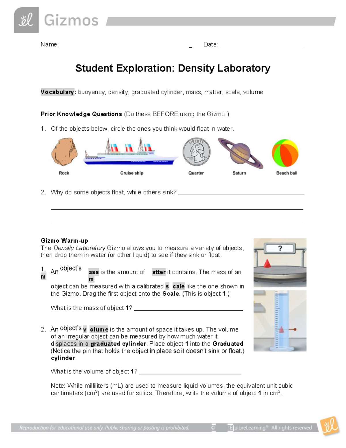 Density Laboratory Gizmo Exploration Activities and Analysis - Studocu