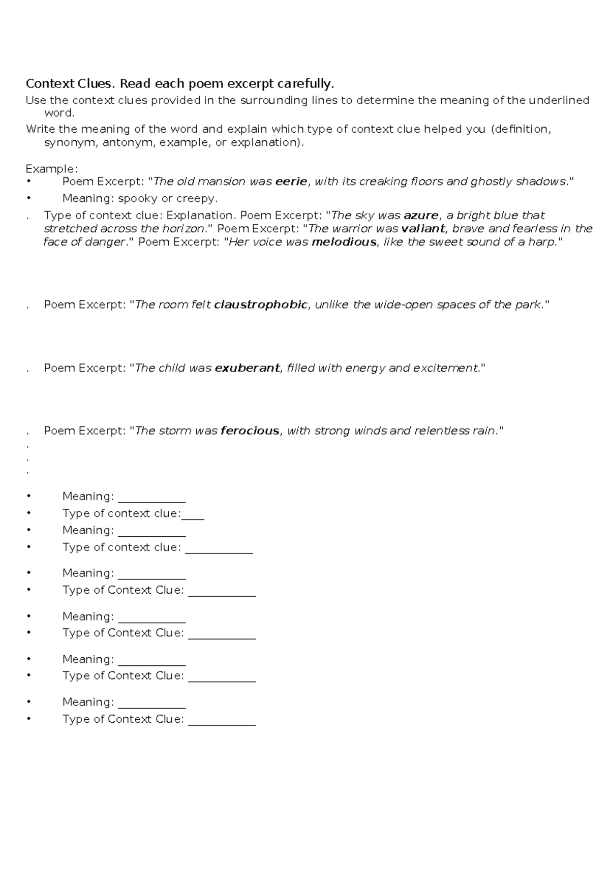 Context Clues Exercises for Vocabulary Understanding - Studocu