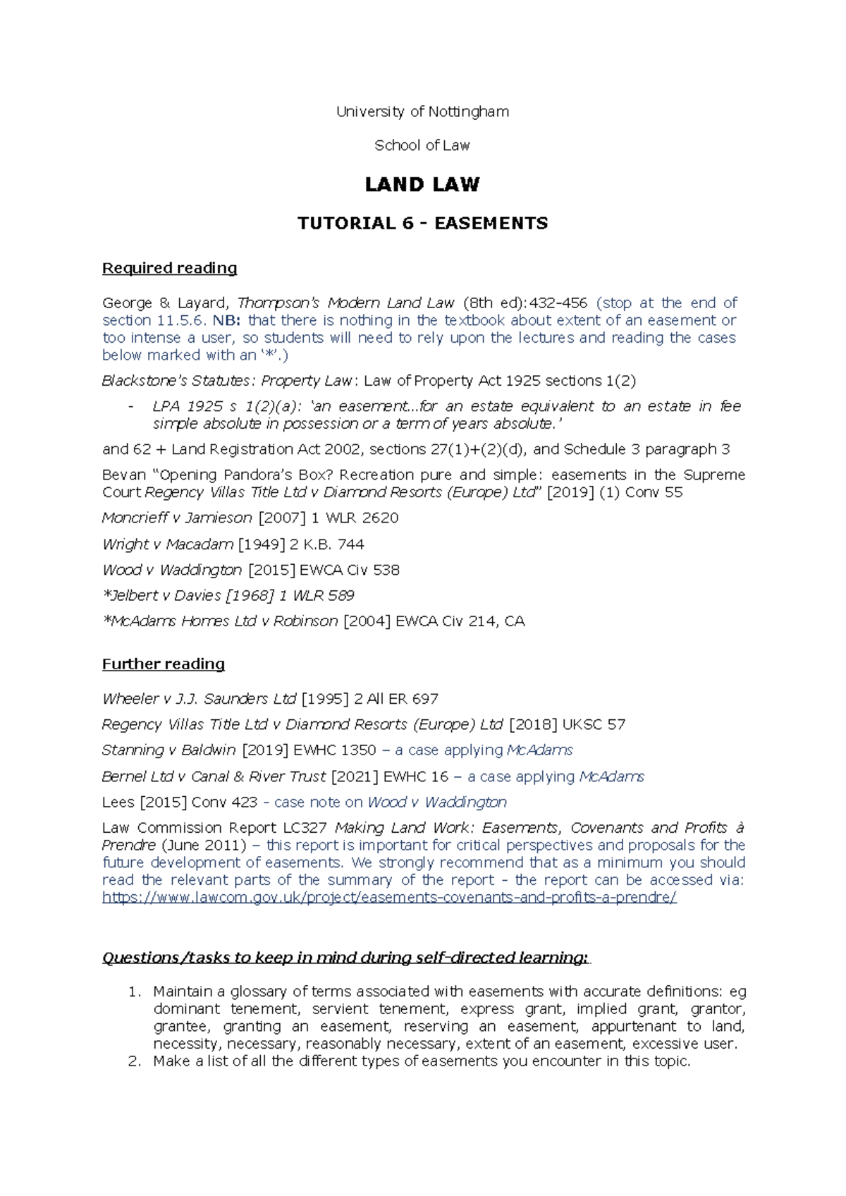 Land Law Tutorial 6: Easements and Access Rights Analysis - University ...