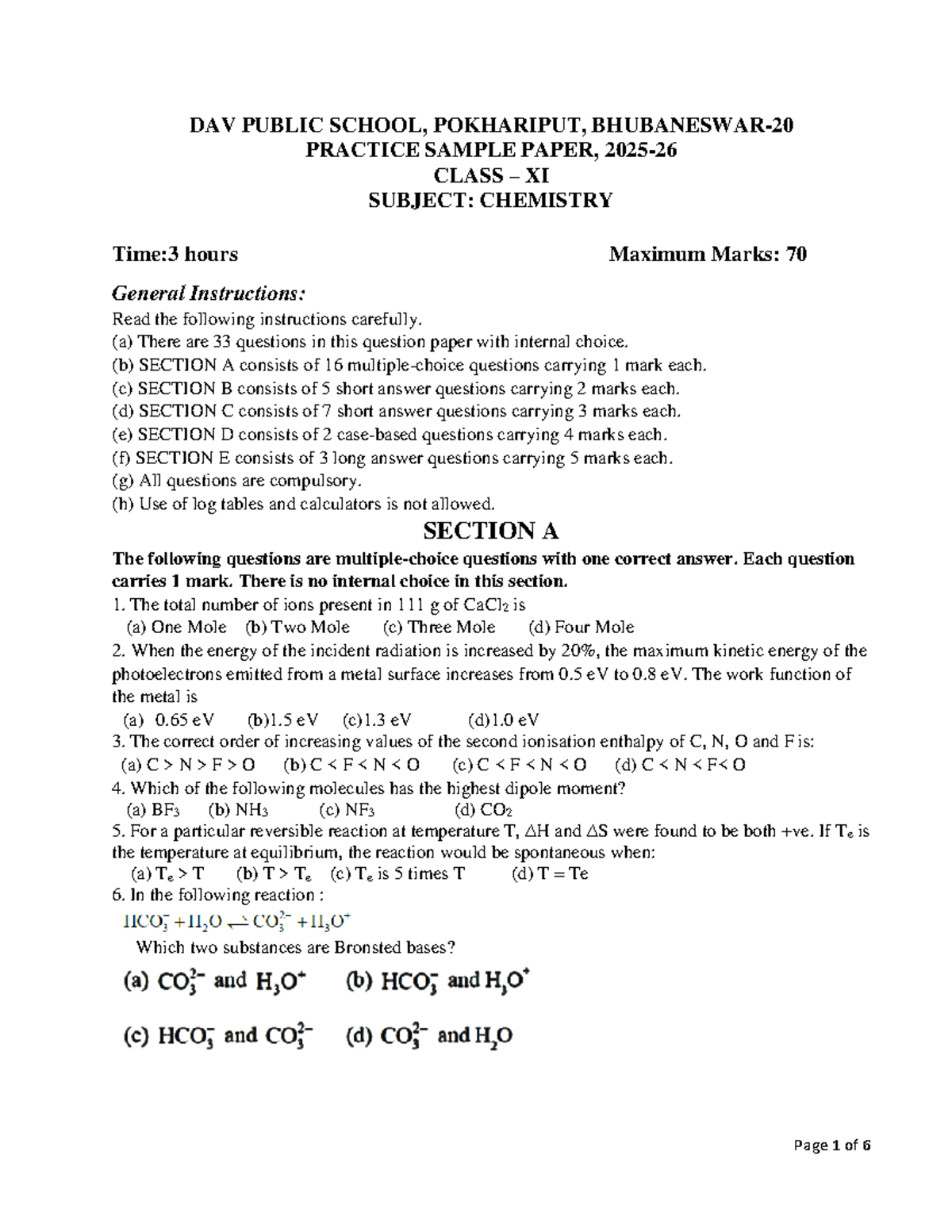 Chemistry Sample Paper for Class XI - Practice Test - Studocu