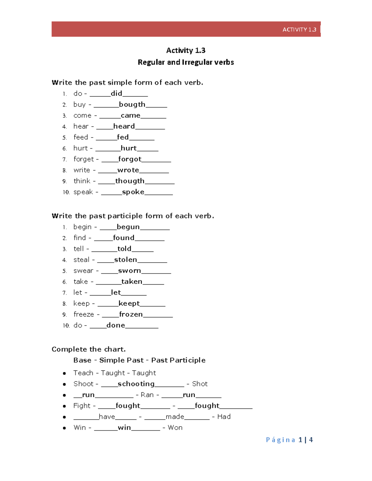 Activity 1.3 Present Perfect shary peña - Activity 1. Regular and Irregular verbs Write the past ...