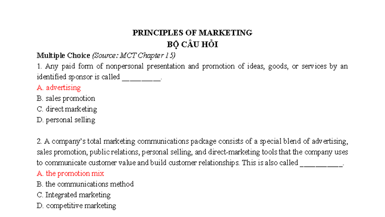 PRINCIPLES OF MARKETING MCT Chapter 15 Multiple Choice Questions - Studocu