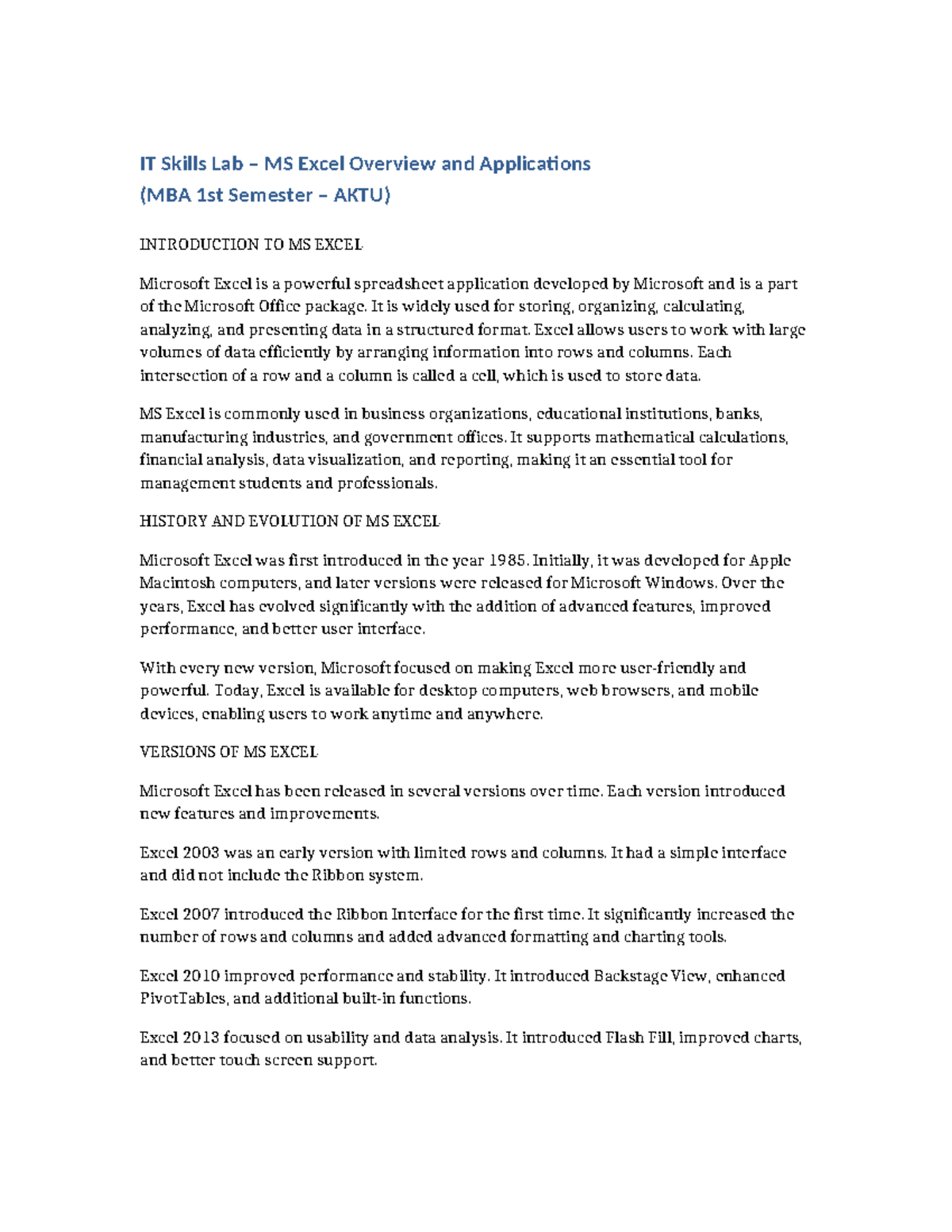 MBA 1st Sem IT Skills Lab: MS Excel Overview & Applications - Studocu