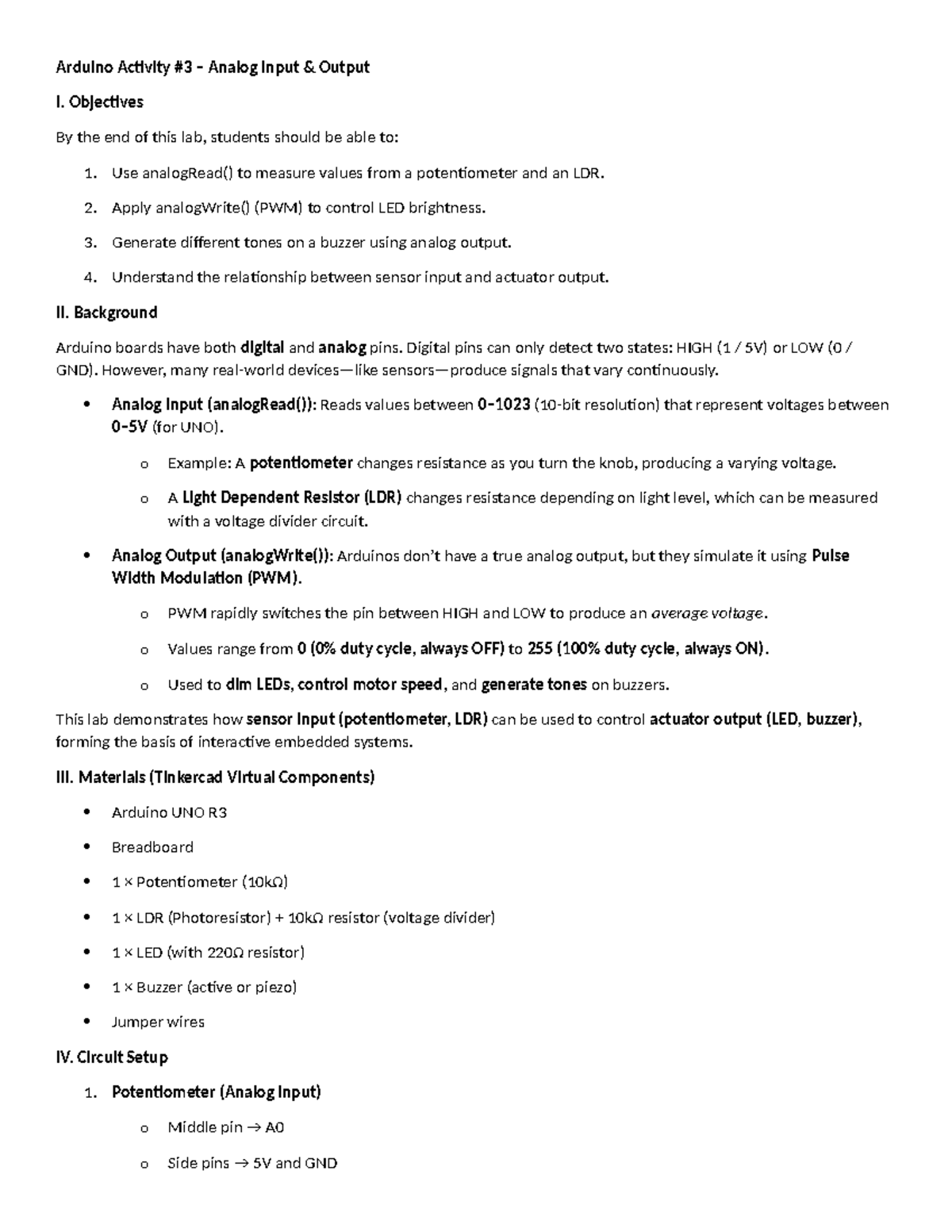 Arduino Activity 3 - Analog Input/Output Lab Guide - Studocu