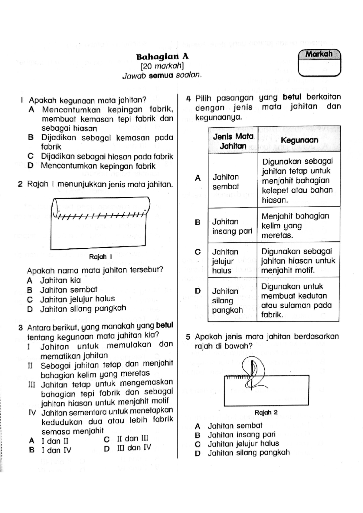 RBT Tahun 5 - Mid Year Exam: Kegunaan dan Jenis Mata Jahitan - Studocu