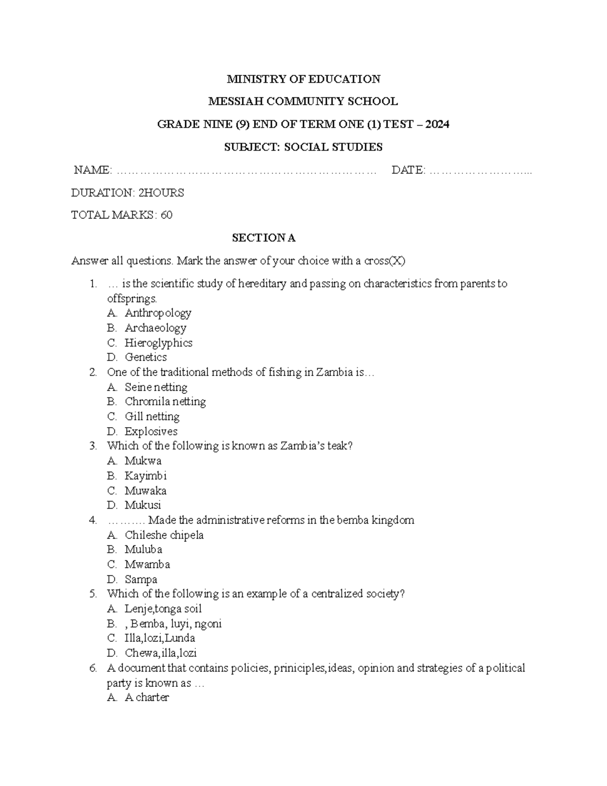 Social Studies Grade 9 End of Term 1 Test 2024 - Studocu