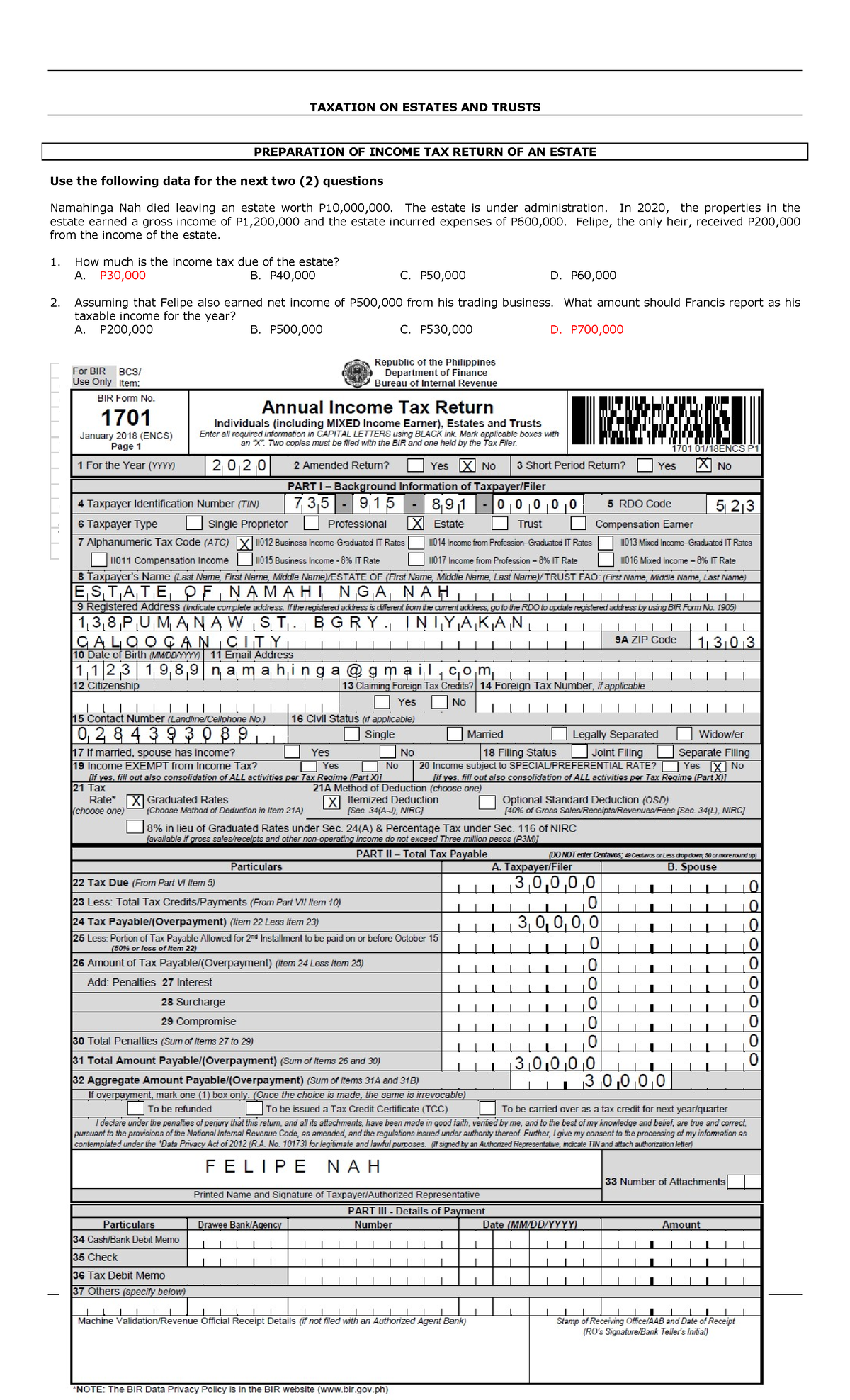 TAX HO13 - Estate Tax Practice Materials and Income Calculation Guide ...