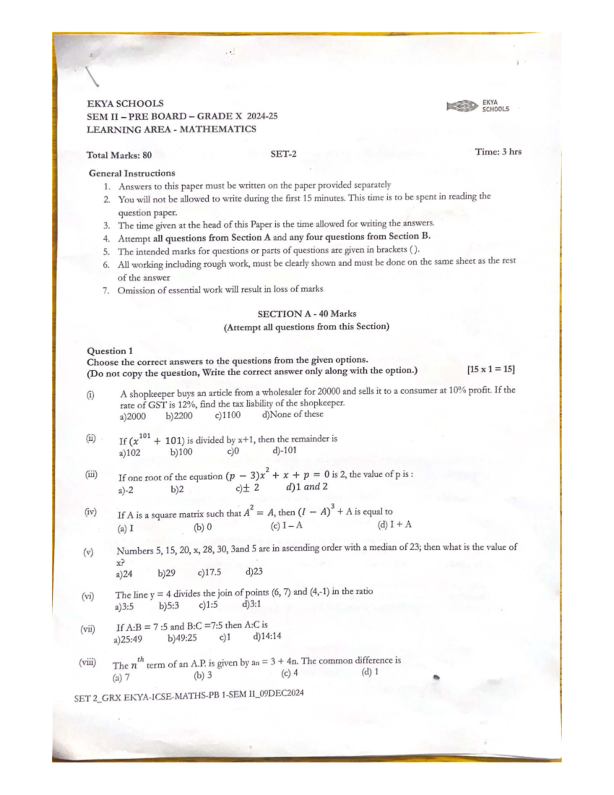 EKYA SCHOOLS SEM II PRE BOARD GRADE X MATHS PRACTICE PAPER - Studocu
