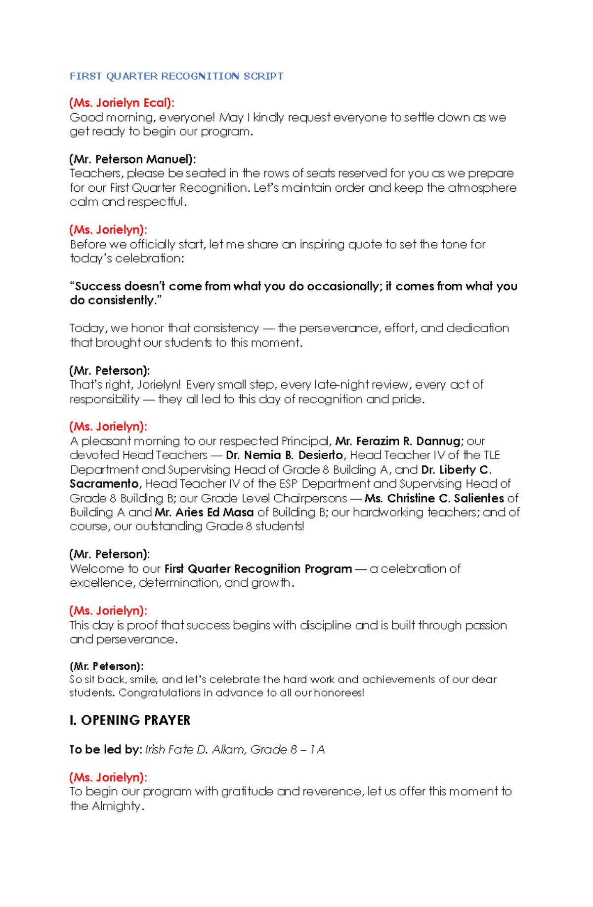 FIRST QUARTER RECOGNITION PROGRAM SCRIPT (Grade 8) - Studocu
