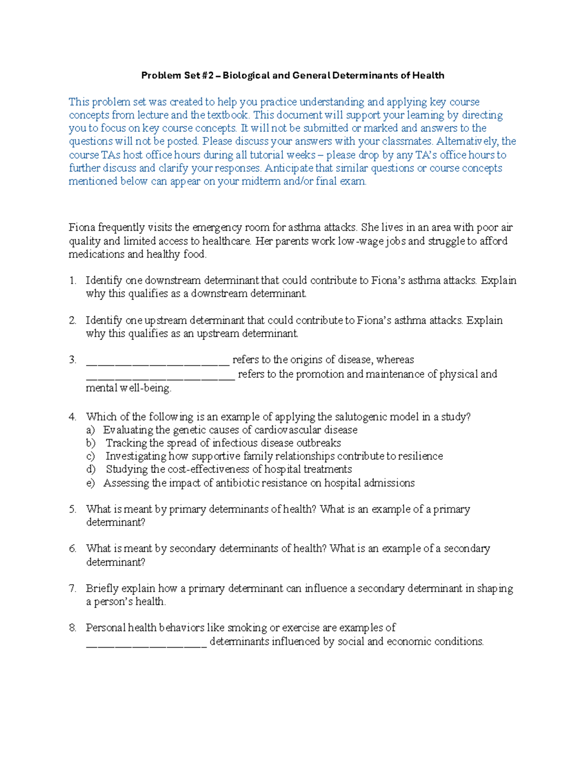 Problem Set 2: Biological & General Determinants of Health - Studocu