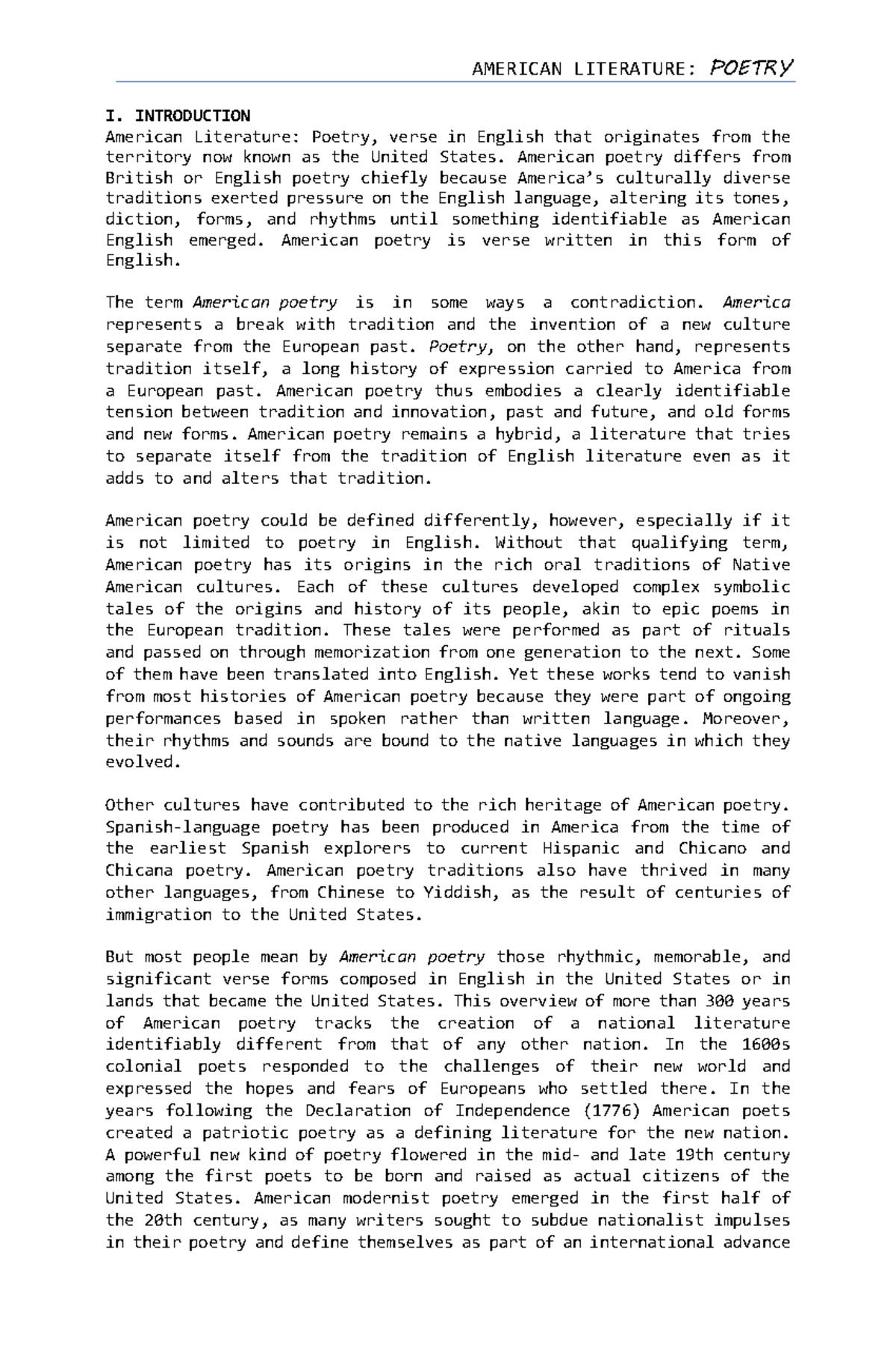 American Literature: An Overview of Poetry in the U.S. - Studocu