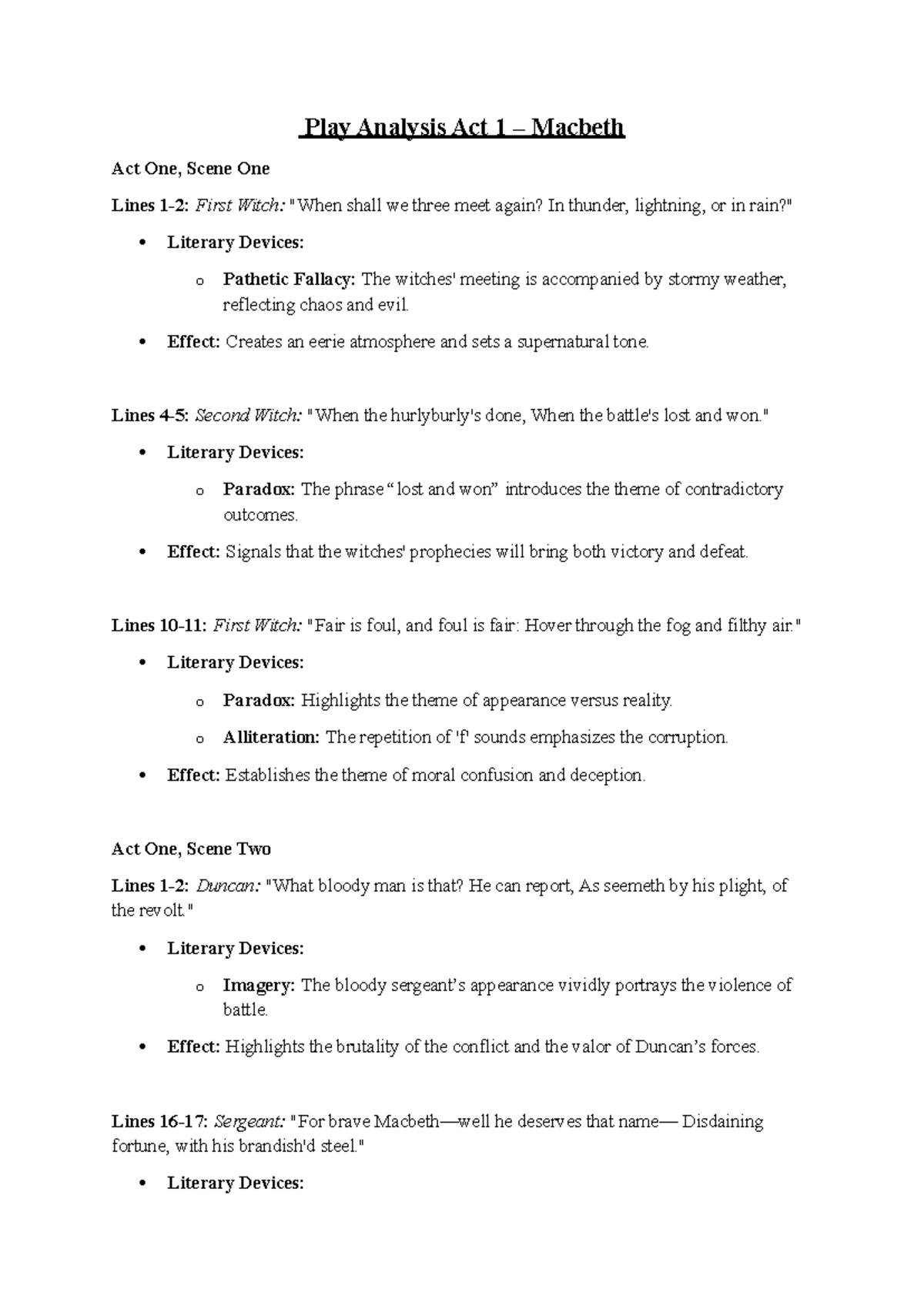 Play Analysis: Macbeth Act 1 - Themes and Literary Devices - Studocu